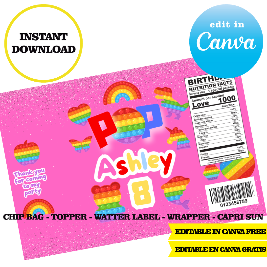 Editable Pop it Party Kit – Canva Templates (Chip Bags, Labels & More ...