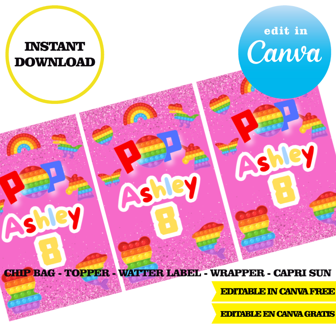 Editable Pop it Party Kit – Canva Templates (Chip Bags, Labels & More ...