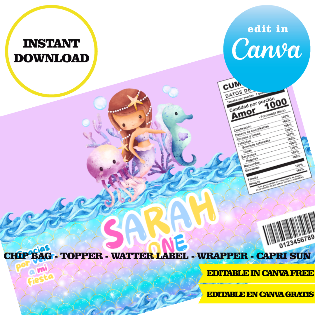 Editable Mermaid tail Party Kit – Canva Templates (Chip Bags, Labels ...