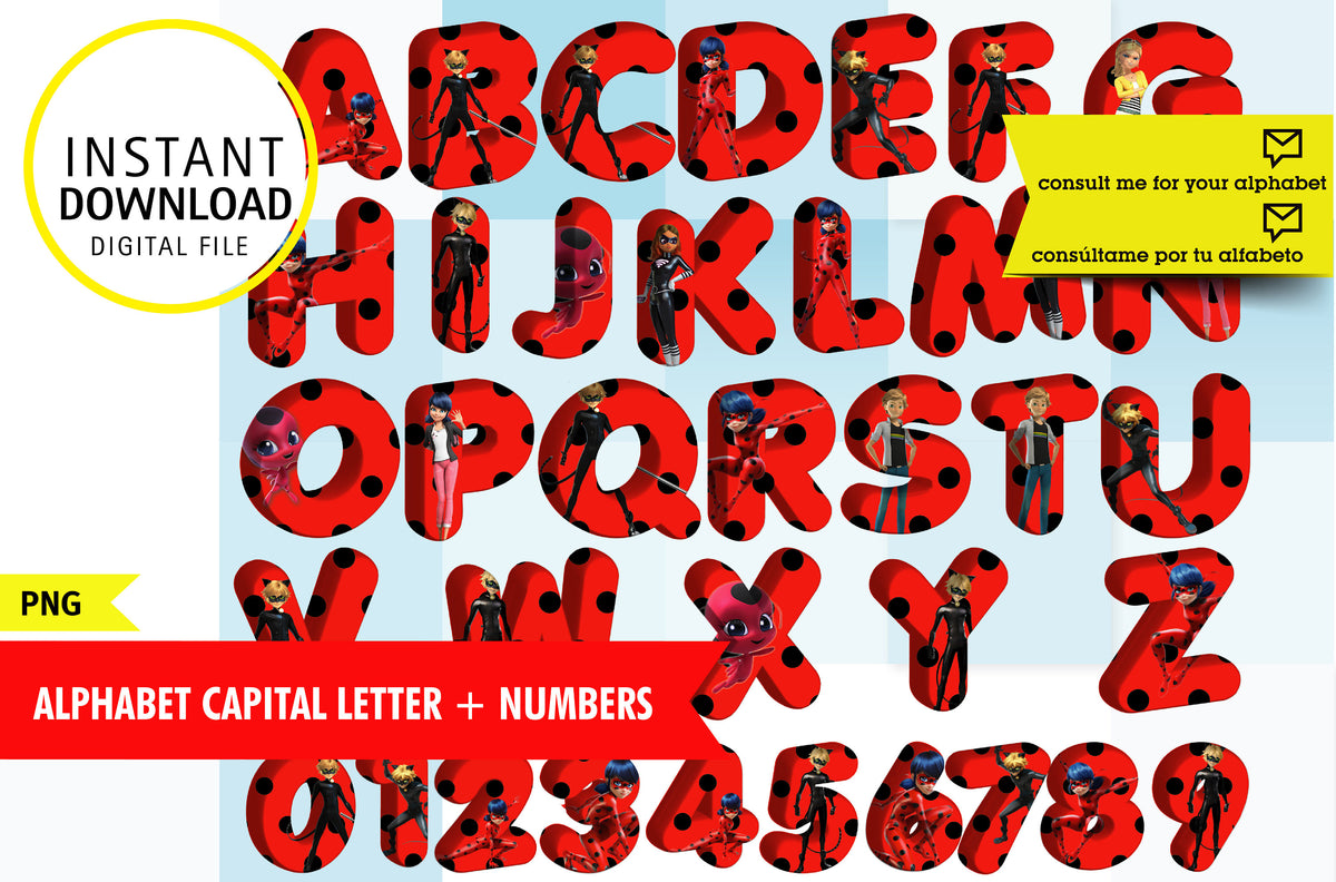 Ladybug Miraculous Inspired Printable Alphabet Clipart – PNG Letters ...