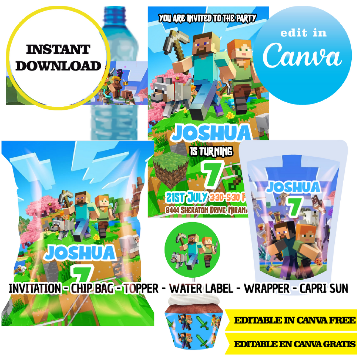 Editable Minecraft Canva Templates – DIY Party Printables Kit – Phigraphic