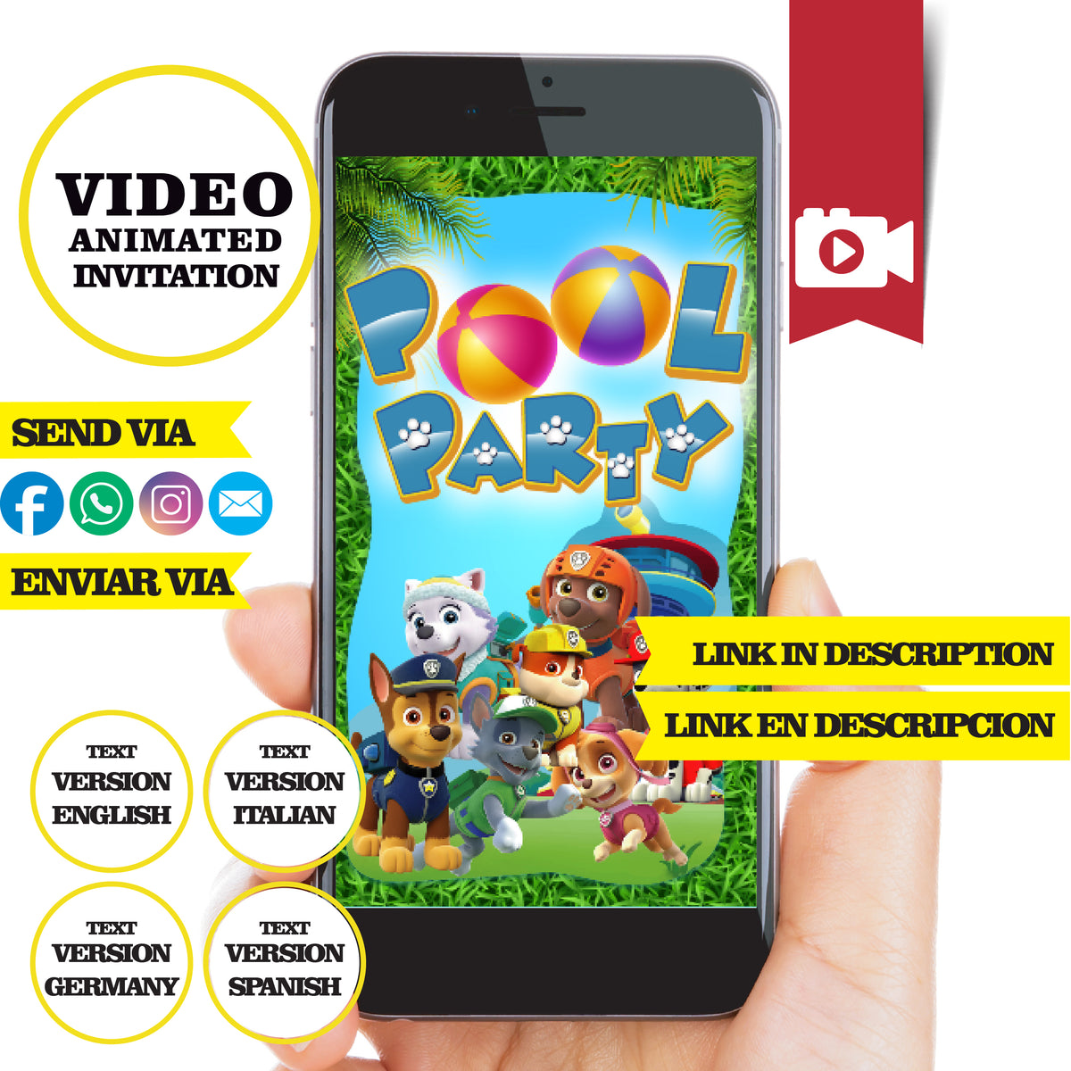 Paw patrol, pool party, Animated video Invitation – Phigraphic