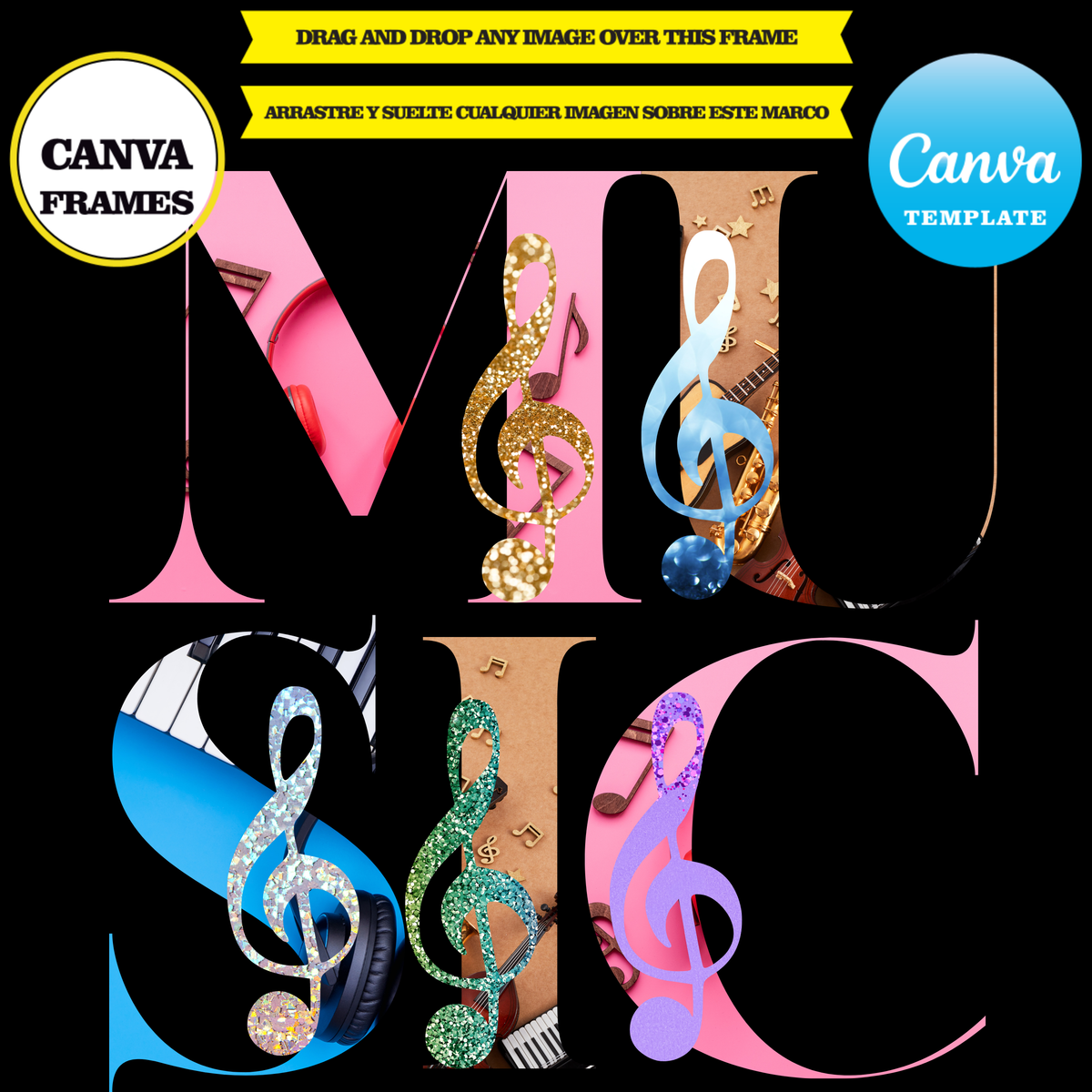 Music note ALPHABET, frame template music note mockup, drag and drop ...