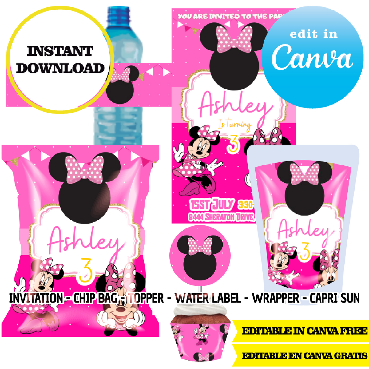 Editable Minnie Mouse Canva Templates – DIY Party Printables Kit ...