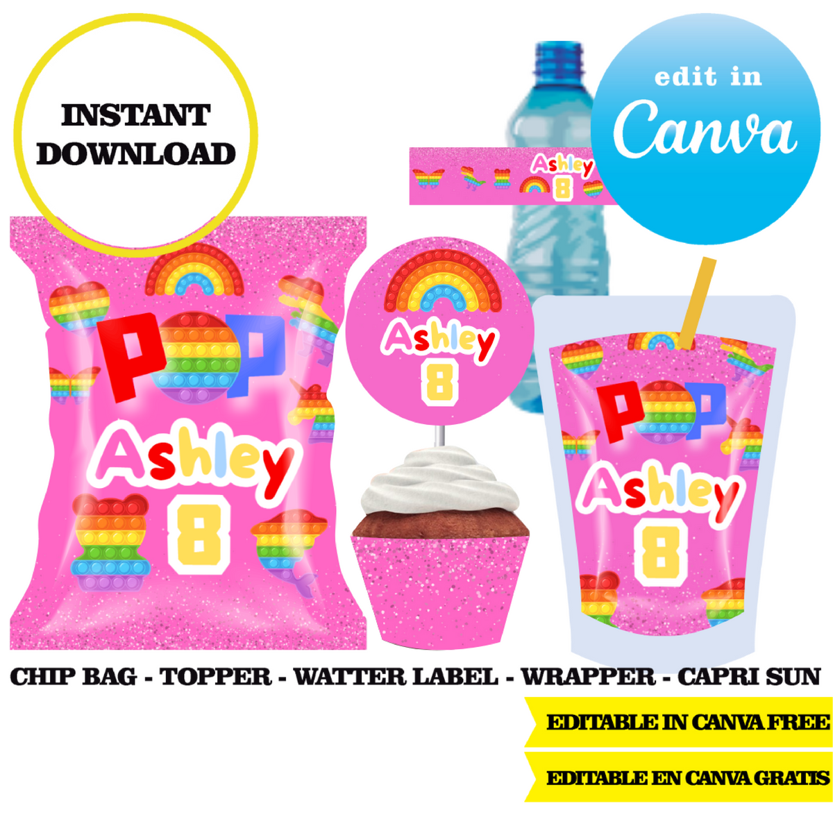Editable Pop it Party Kit – Canva Templates (Chip Bags, Labels & More ...