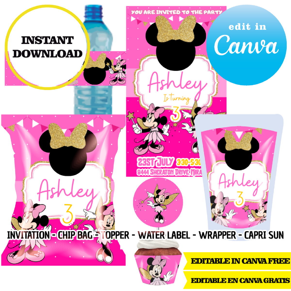 Editable Minnie Mouse Canva Templates – DIY Party Printables Kit ...