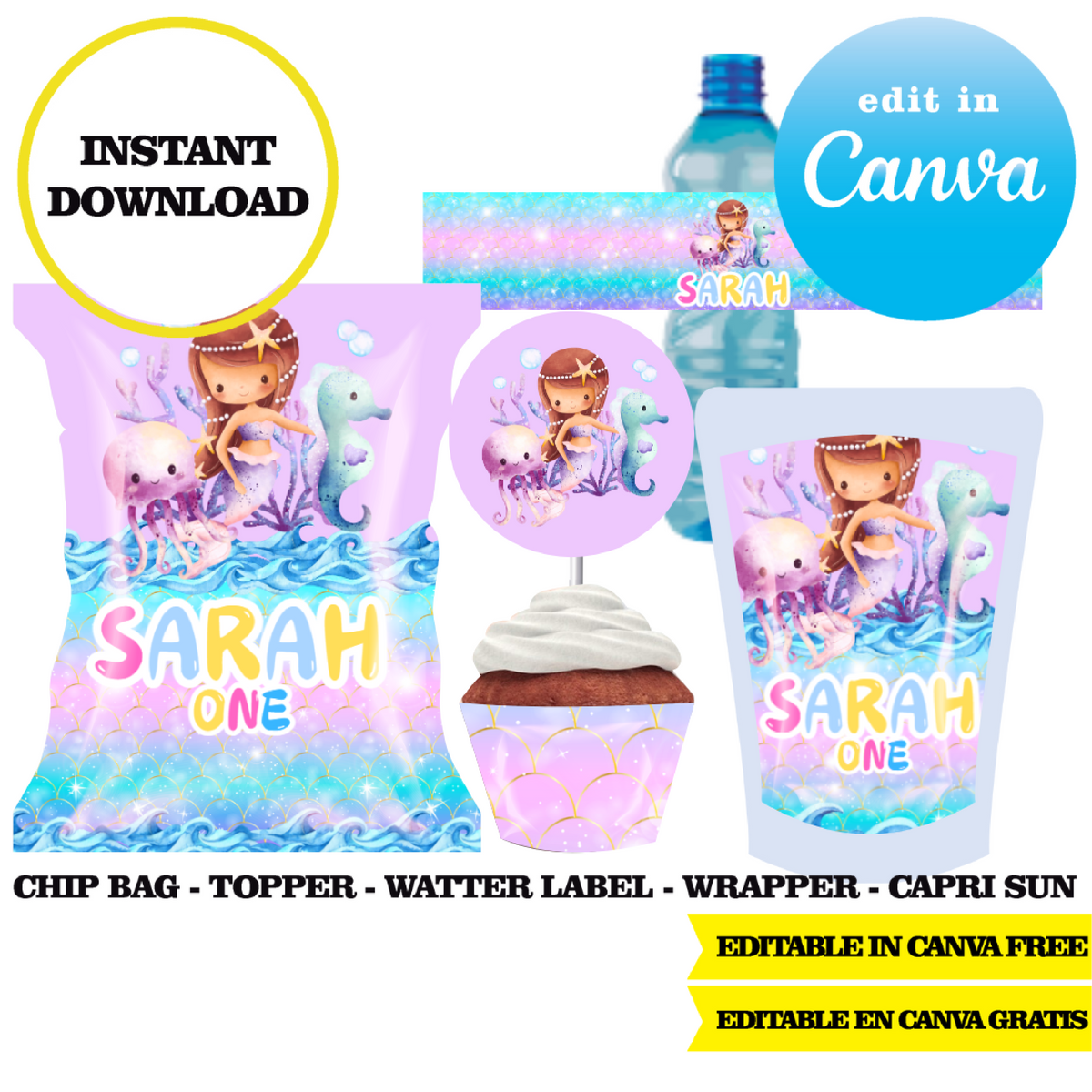 Editable Mermaid tail Party Kit – Canva Templates (Chip Bags, Labels ...