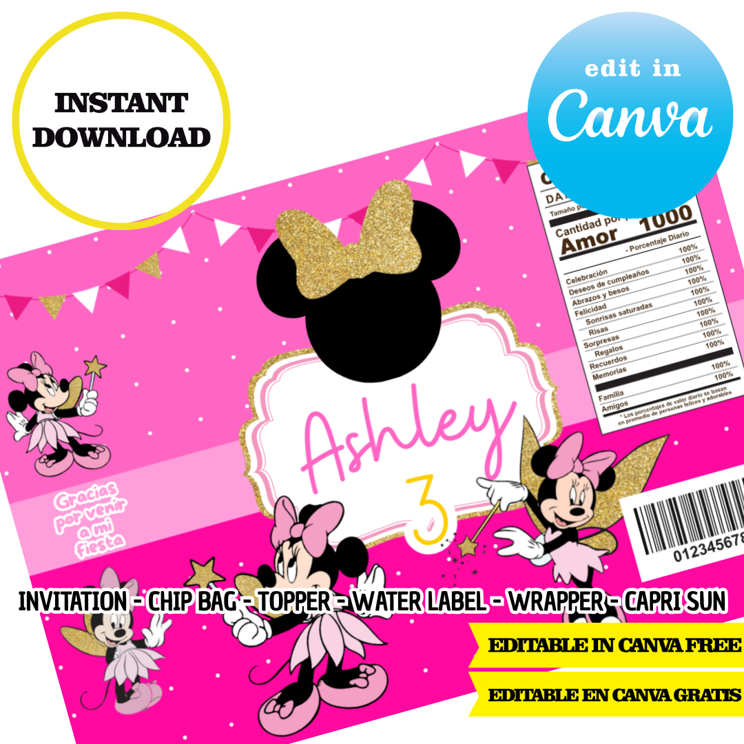 Editable Minnie Mouse Canva Templates – DIY Party Printables Kit ...