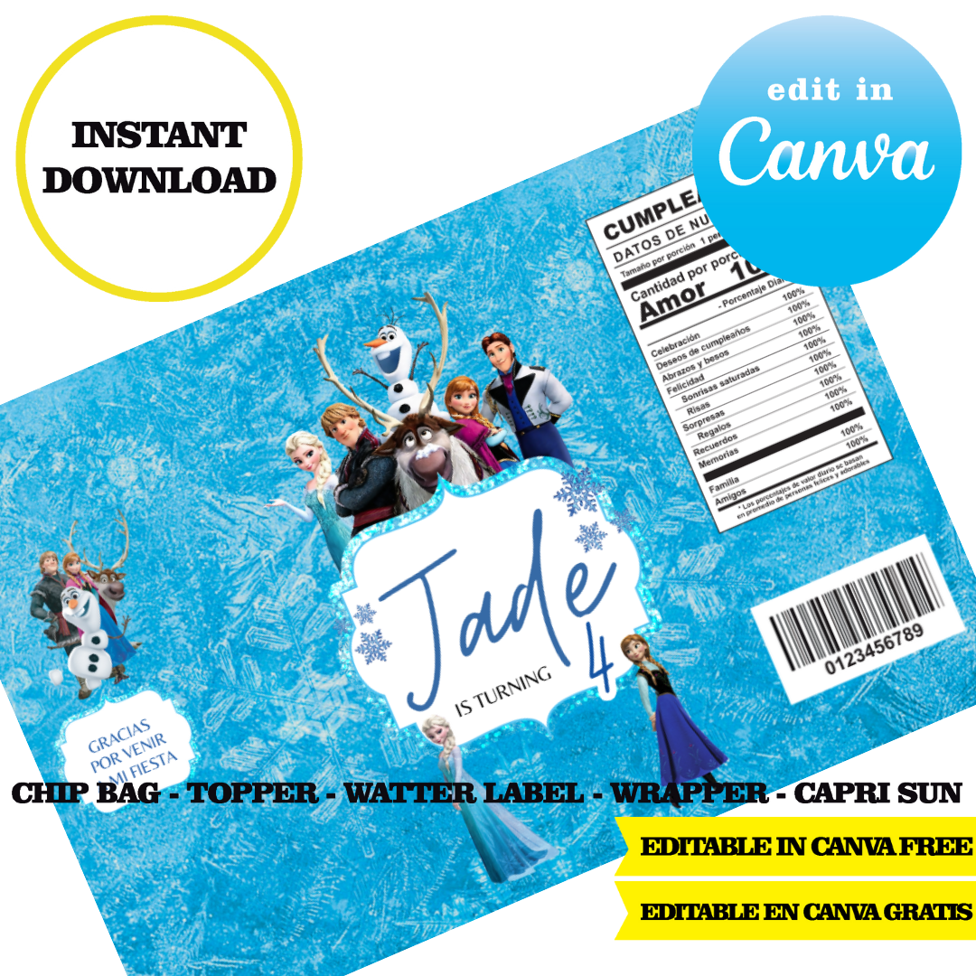 Editable Frozen Party Kit – Canva Templates (Chip Bags, Labels & More ...