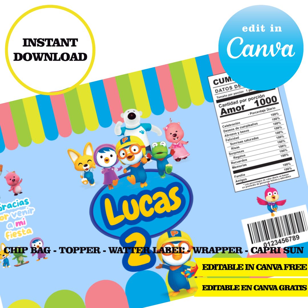 Editable Pororo Party Kit – Canva Templates (Chip Bags, Labels & More ...