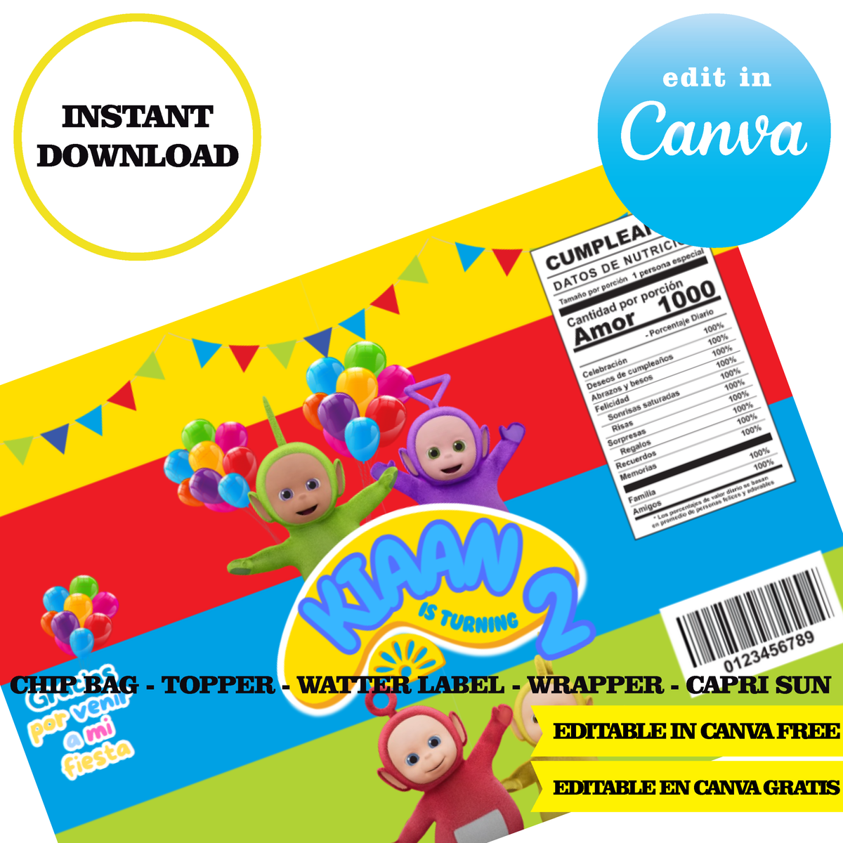 Editable Teletubbies Party Kit – Canva Templates (Chip Bags, Labels ...