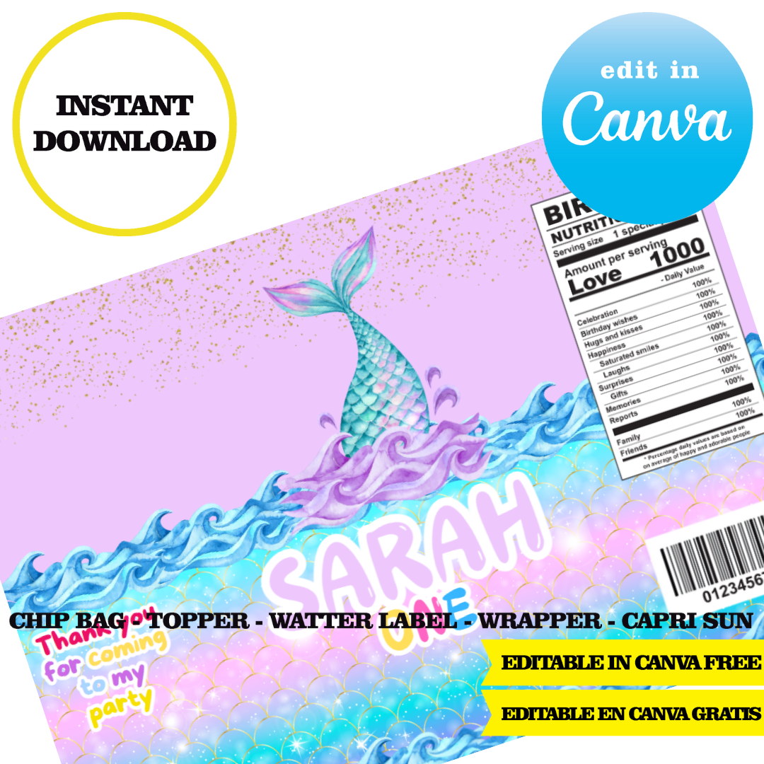 Editable Mermaid tail Party Kit – Canva Templates (Chip Bags, Labels ...