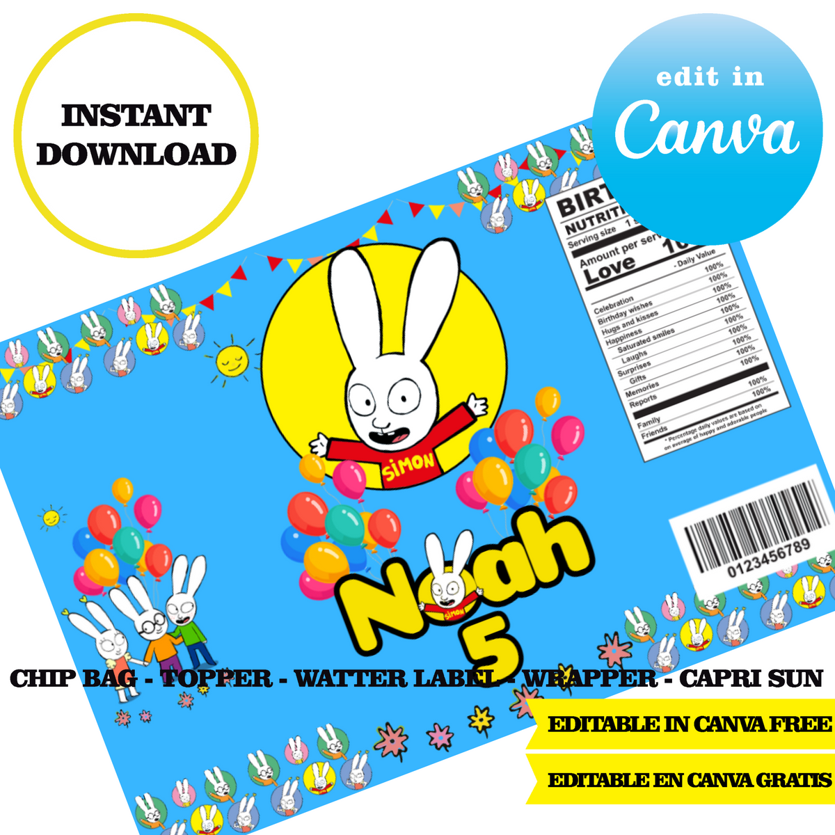 Editable Simon Super Rabbit Canva Templates – DIY Party Printables Kit ...