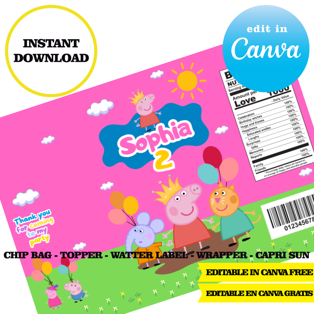 Editable Peppa Pig Party Kit – Canva Templates (Chip Bags, Labels & Mo ...