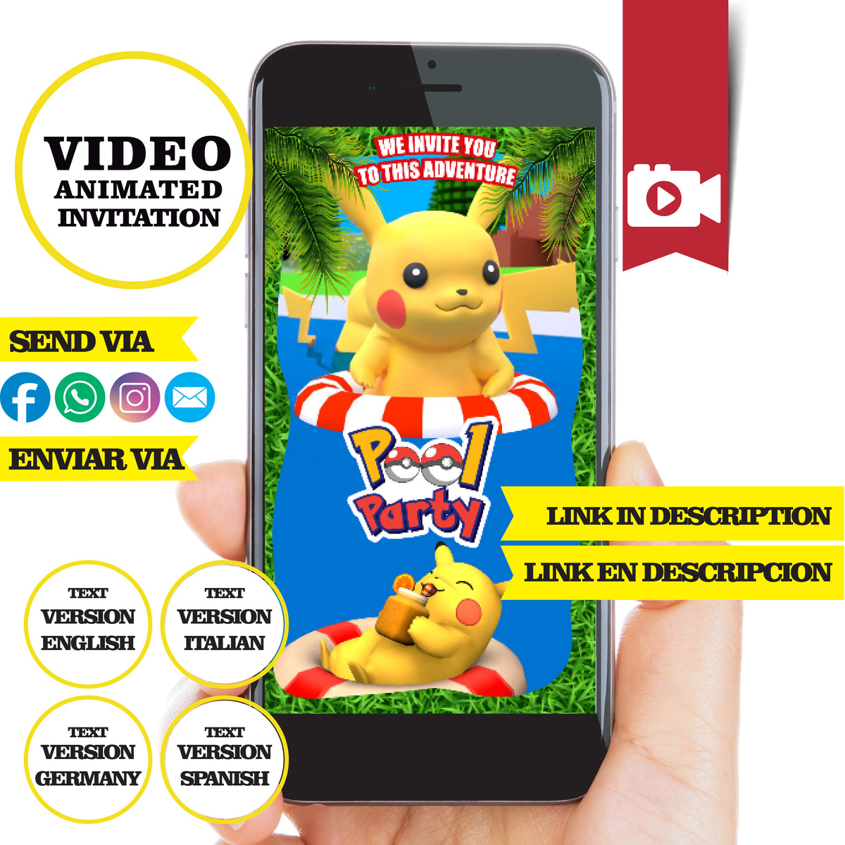 Pikachu, pool party, Animated video Invitation – Phigraphic