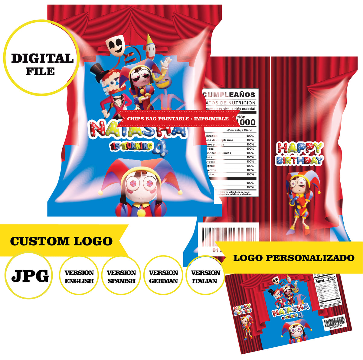 Pomni the Crown, Chips bag, digital file 8 x 11 inches, custom logo ...
